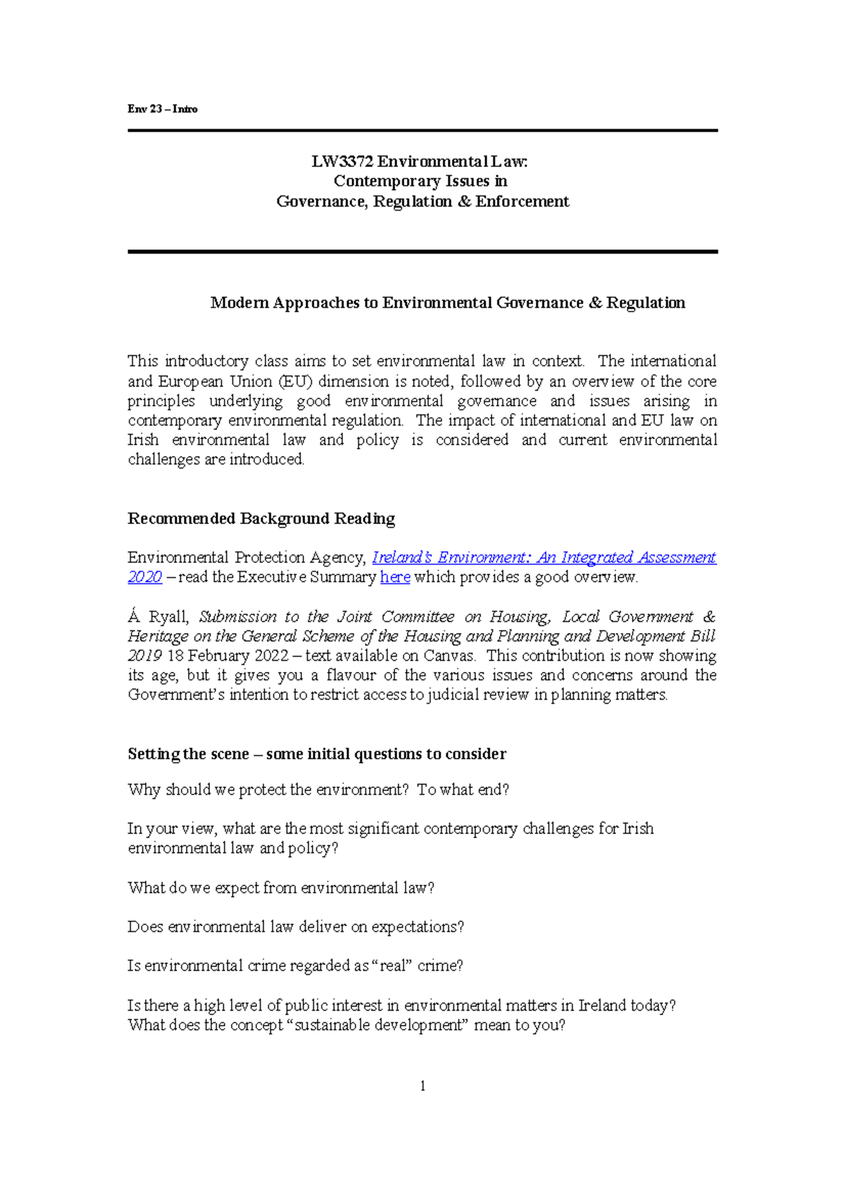 Env 23 - Intro - Lecture notes - Env 23 – Intro LW3372 Environmental ...