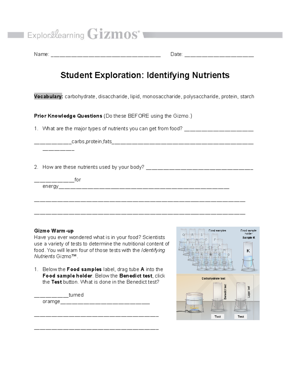 Copy of Identifying Nutrients SE - Name: ______________________________________ Date: - Studocu
