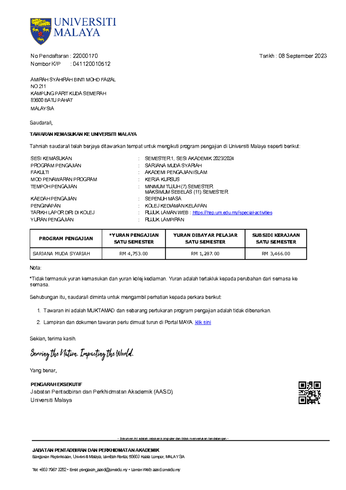 Offer Letter - BM - For scholarship - No Pendaftaran : 22000170 Tarikh ...