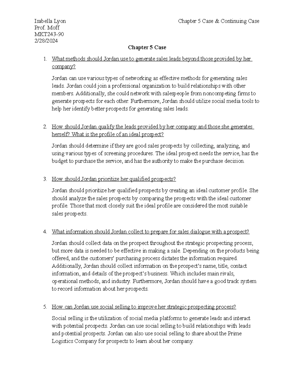 MKT243-90 Case & Continuing Case CH 5 - Isabella Lyon Chapter 5 Case ...
