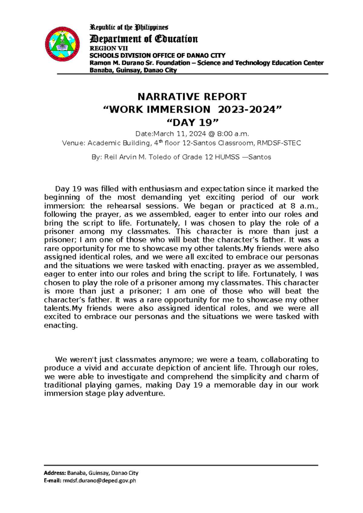 Narrative- Format (D 19) - NARRATIVE REPORT “WORK IMMERSION 2023-2024 ...