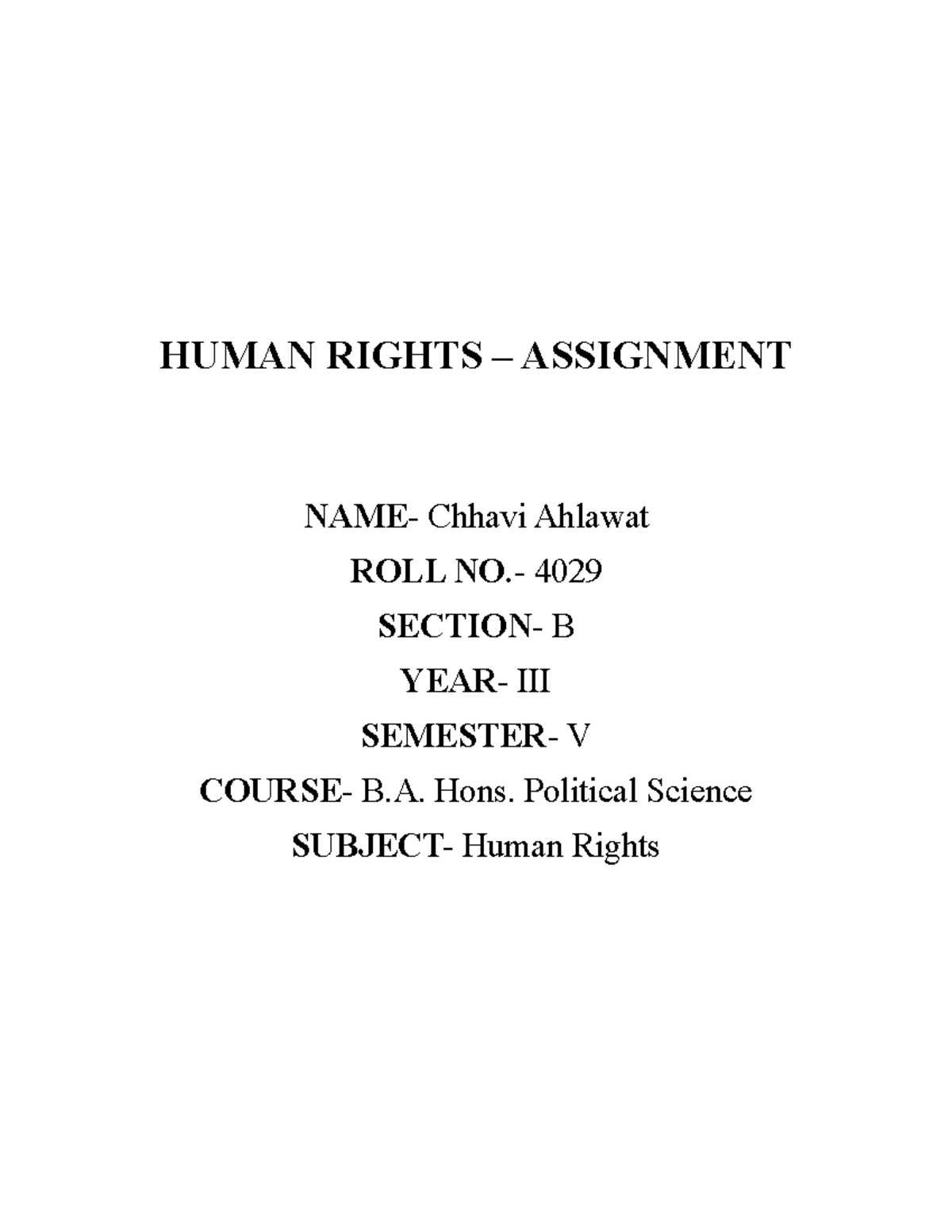 HR assgn - HUMAN RIGHTS – ASSIGNMENT NAME- Chhavi Ahlawat ROLL NO ...