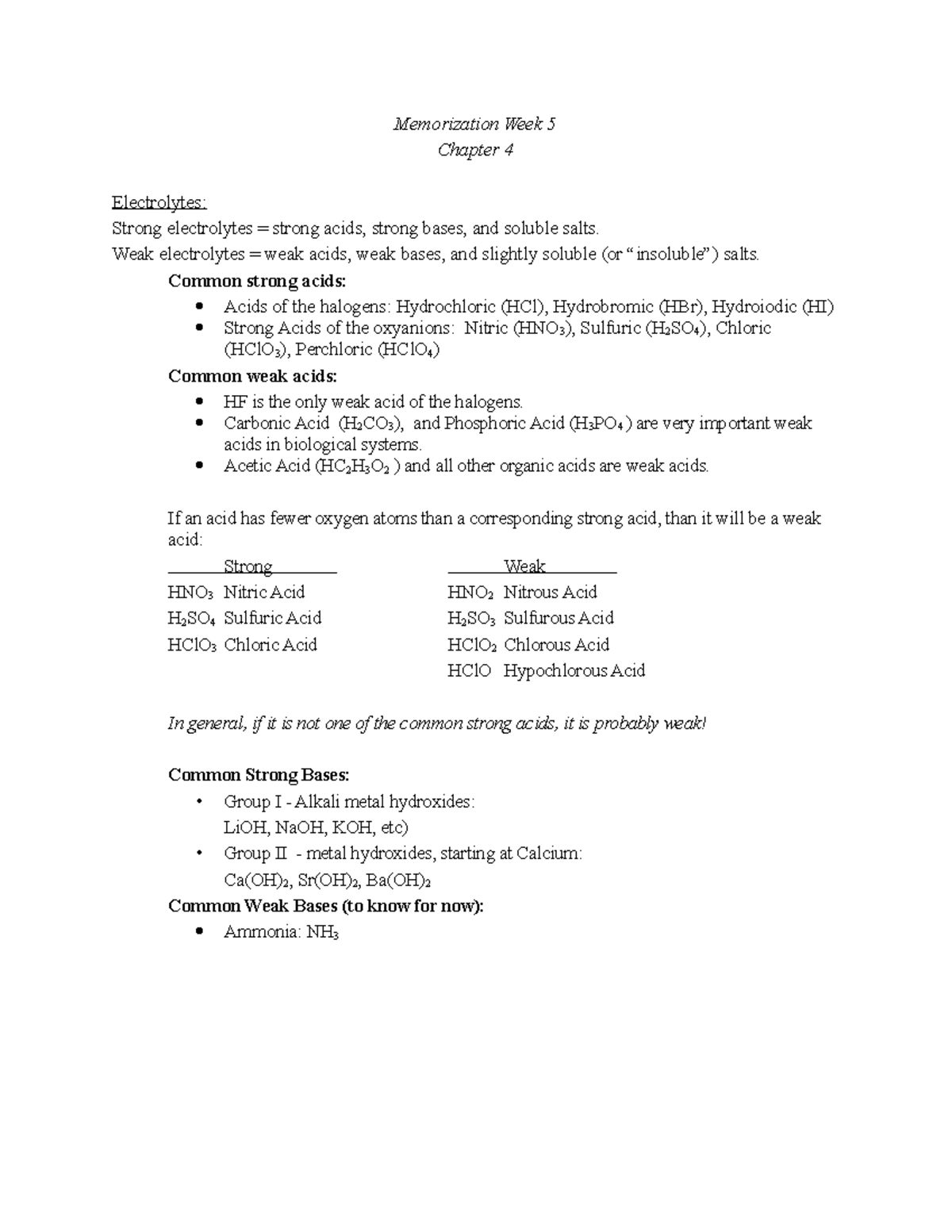 Memorization chapter 4 - Memorization Week 5 Chapter 4 Electrolytes ...