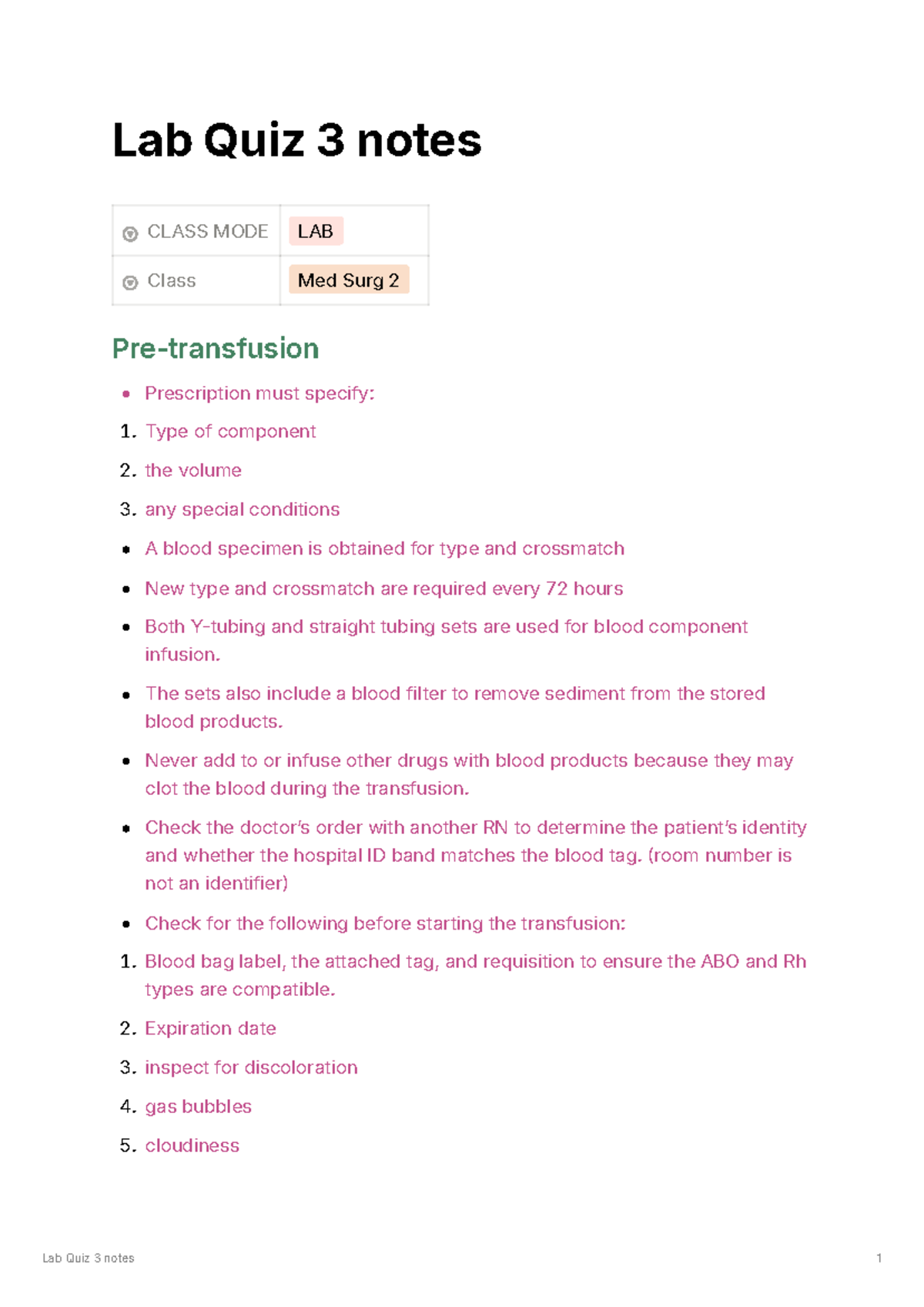 Blood Transfusion - Lab Quiz 3 notes CLASS MODE LAB Class Med Surg 2 ...