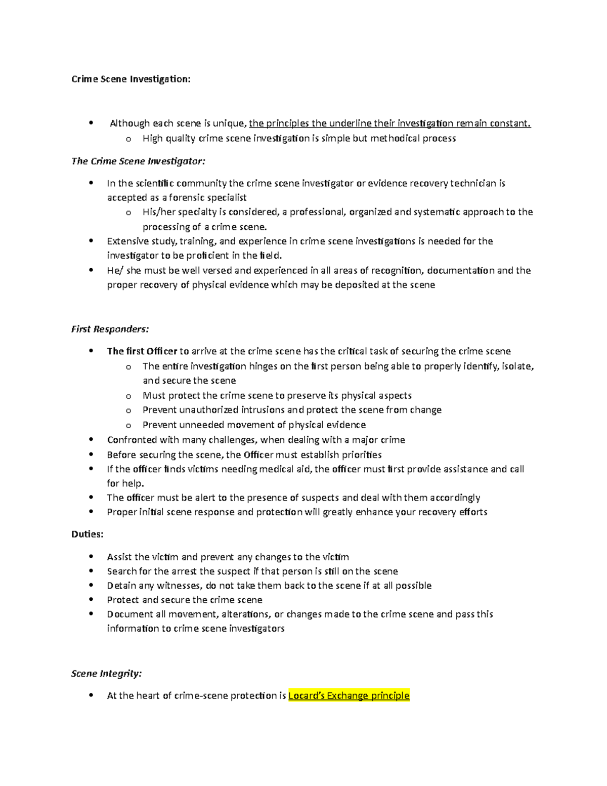 Chapter Three Notes - Crime Scene Investigation: Although each scene is ...