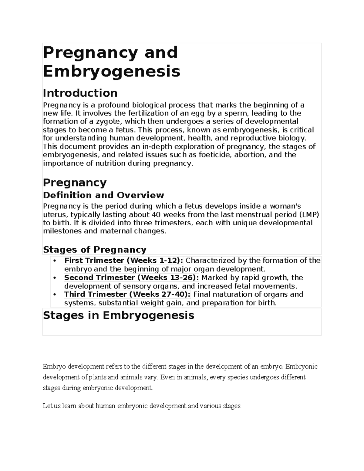 Pregnancy and Embryogenesis - Pregnancy and Embryogenesis Introduction ...