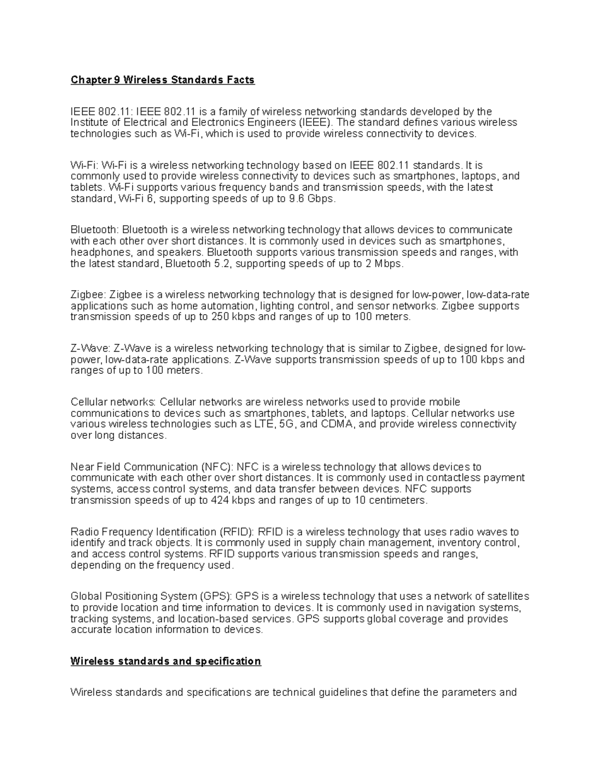 Chapter 9 Wireless Standards Facts - The standard defines various ...
