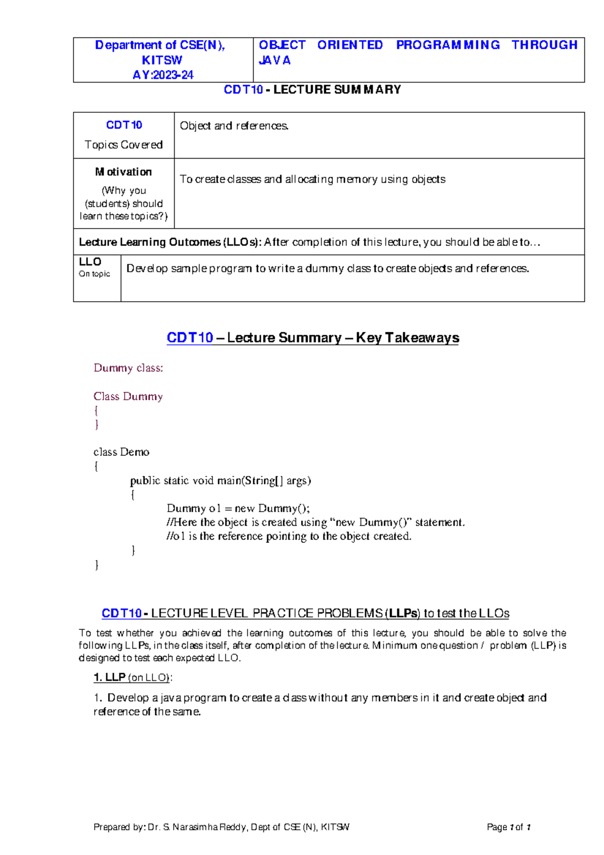 Oopj Cdt10 Summary Snr 2023 24 D Epartment Of Csen Ki Tsw Ay2023 Object Ori En Ted 