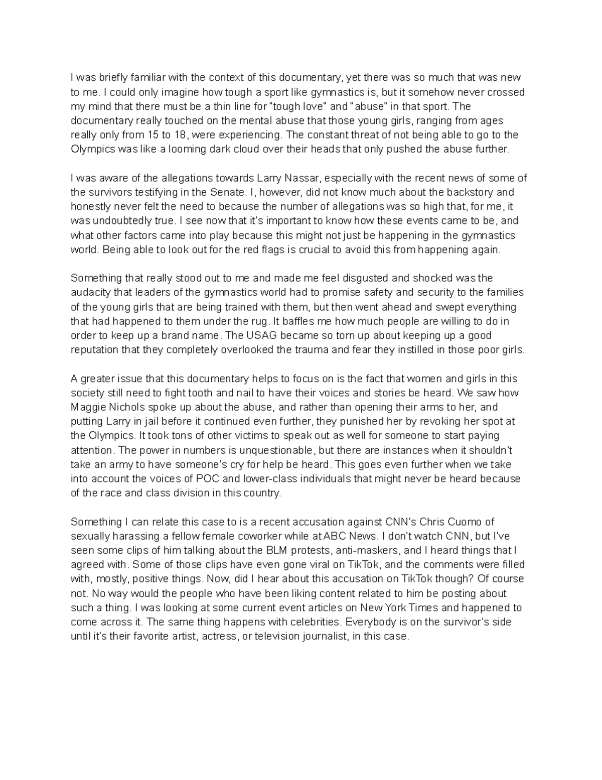 WGS Athlete A Discussion Post - I was briefly familiar with the context ...