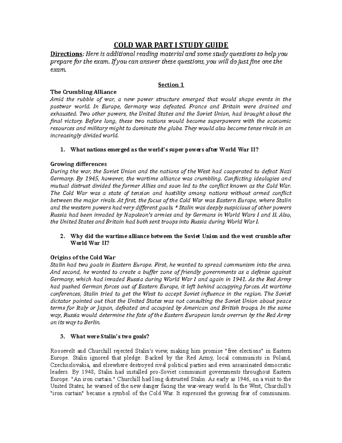 COLD WAR PART I Study Guide - COLD WAR PART I STUDY GUIDE Directions ...