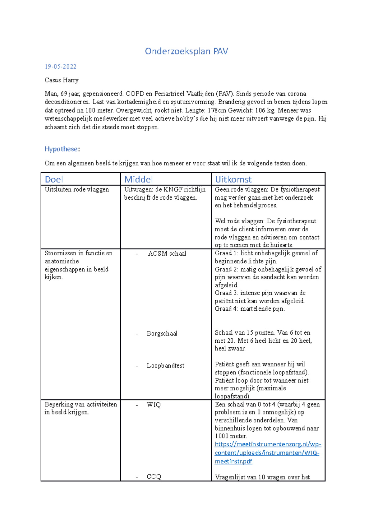Onderzoeksplan PAV - Onderzoeksplan PAV 19-05- Casus Harry Man, 69 jaar ...