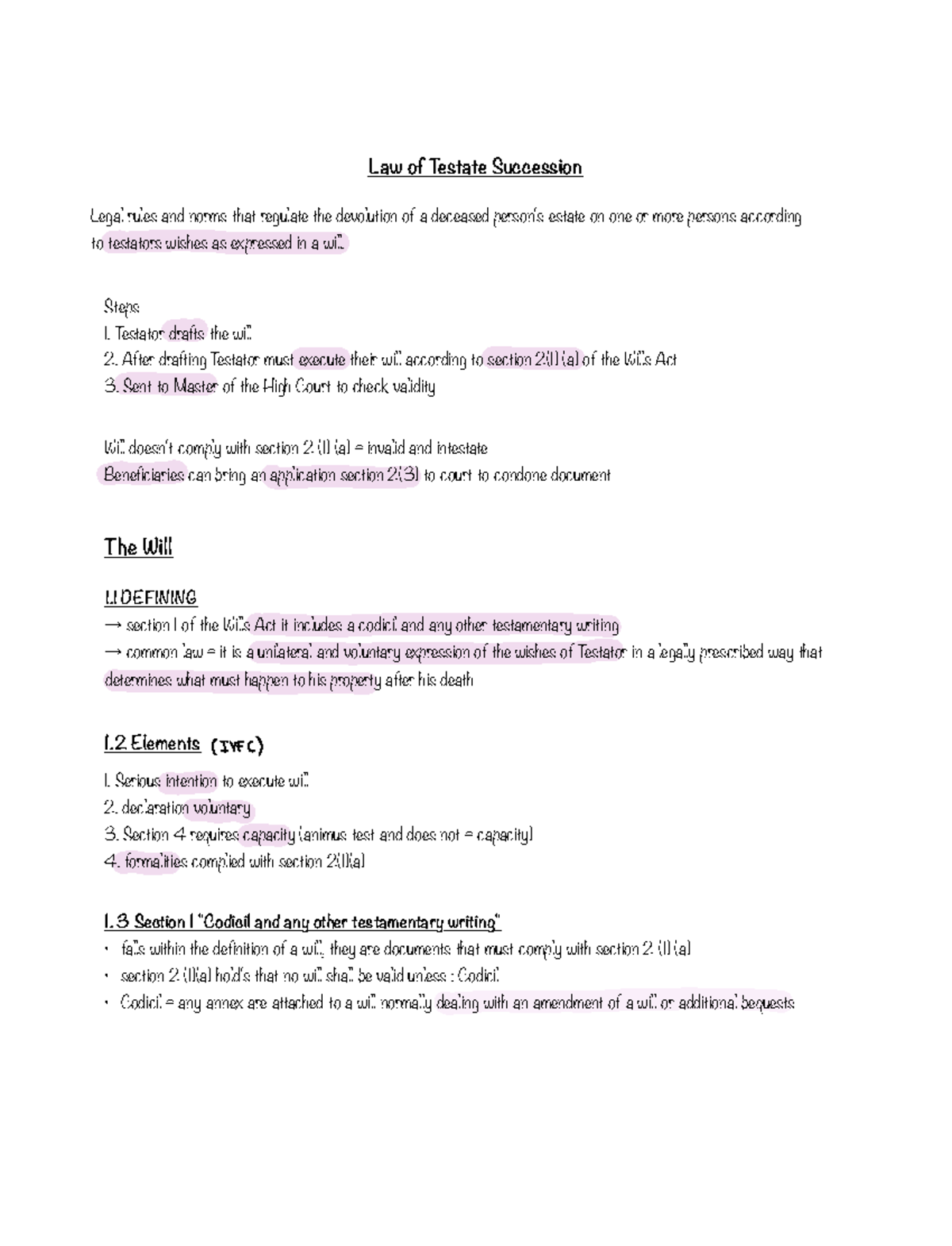 Unit 3 - study notes - IVFC Law of Testate Succession Legal rules and ...