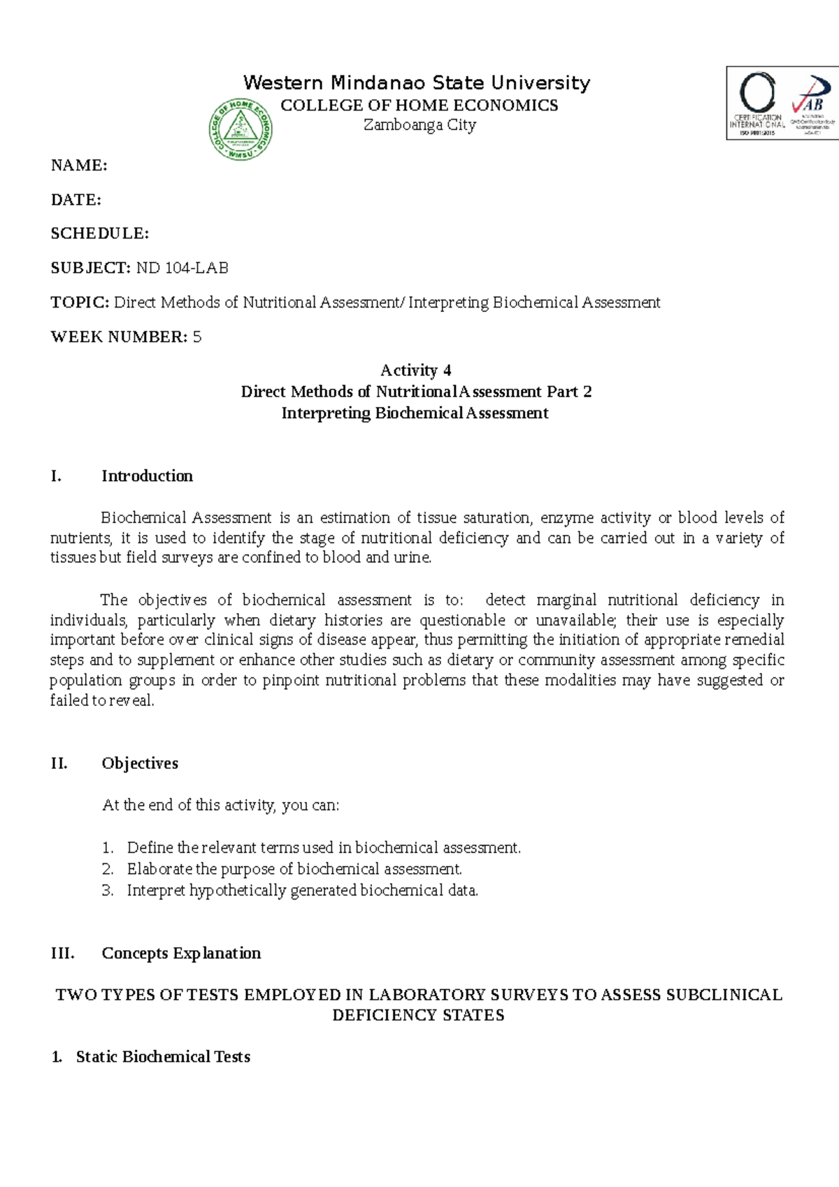 Interpreting Biochemical Assessment - Introduction Biochemical ...