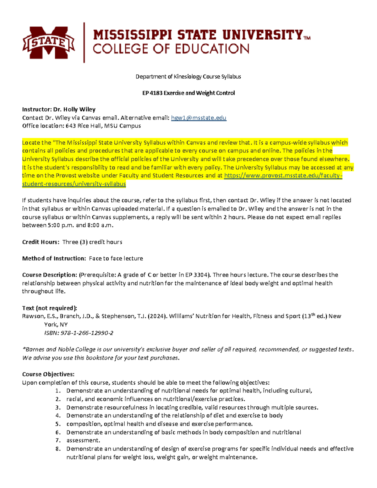 EX WT FALL 24 SYLL - Syllabus - Department of Kinesiology Course ...