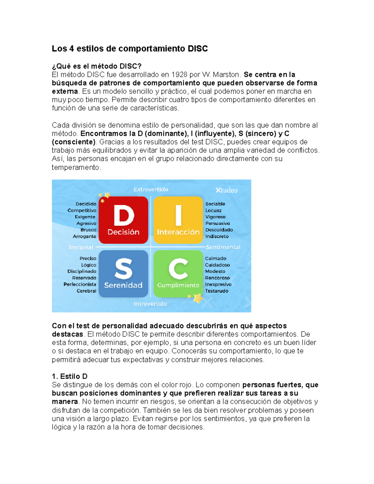 Los 4 estilos de comportamiento DISC - Marston. Se centra en la ...