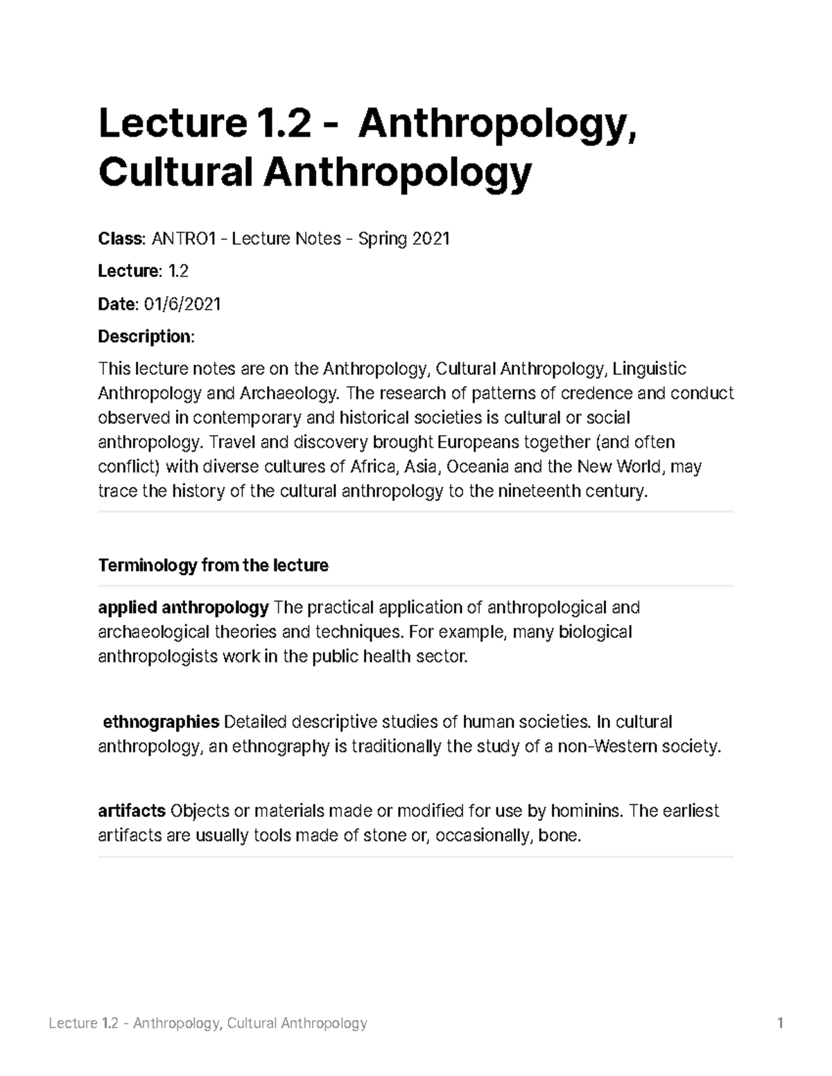 220-2020anthropology 20cultural 20anthropology - Lecture 1 ...