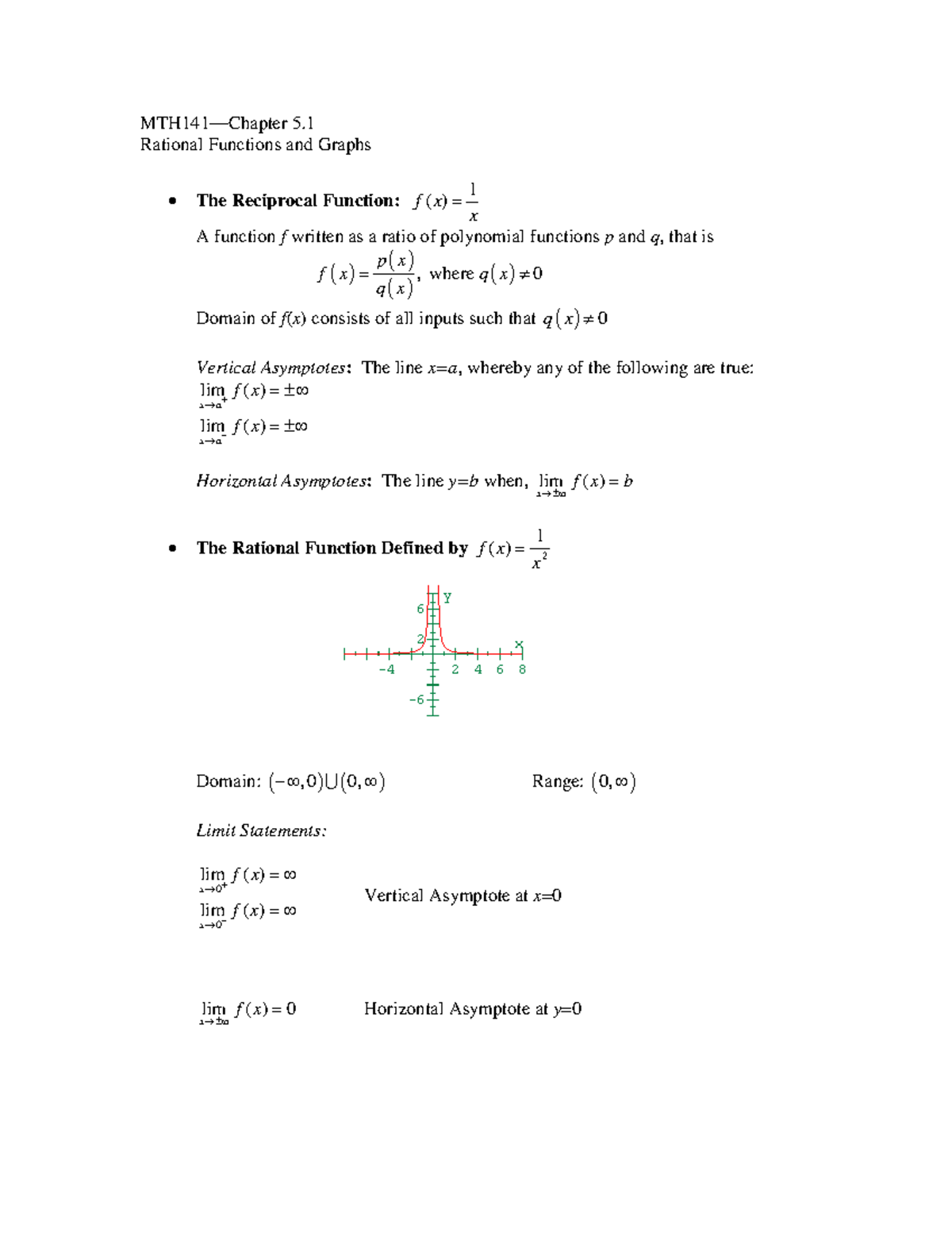 MTH141 5.1 Notes - Learn how to the Reciprocal function works. - MTH141 ...
