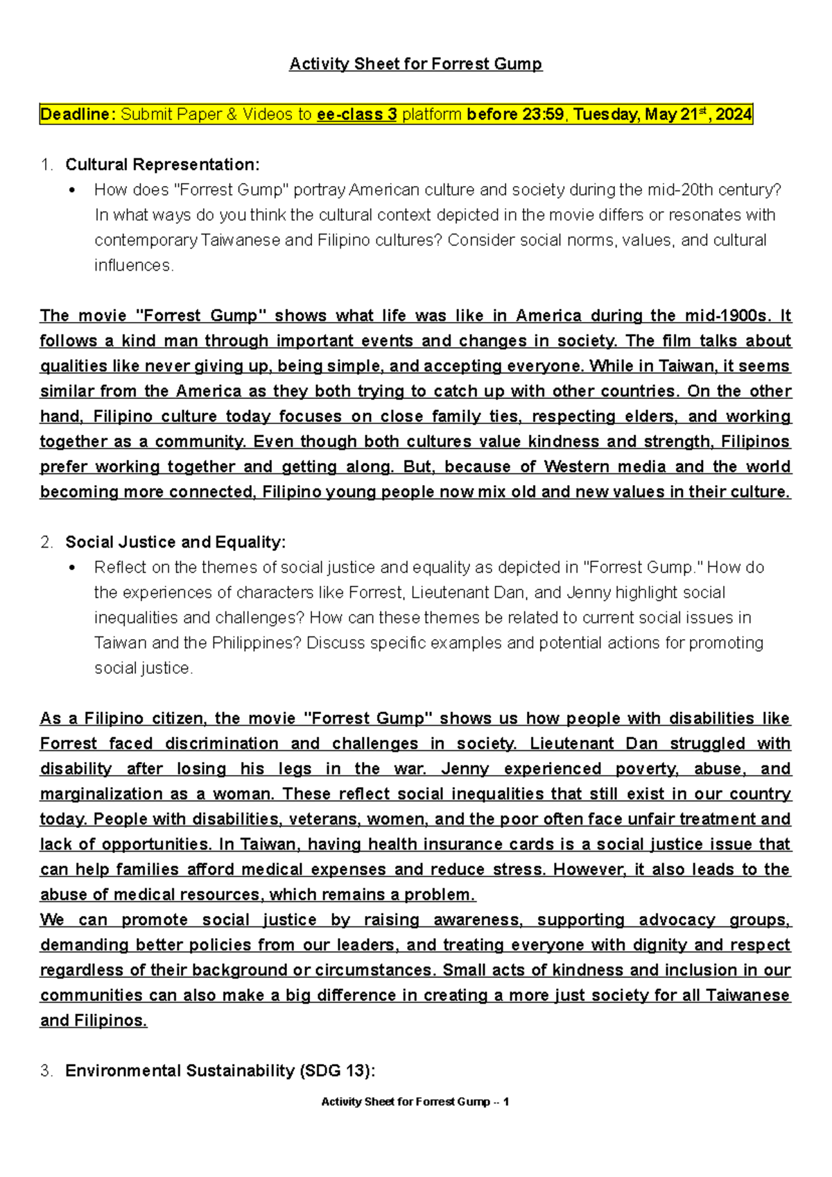 Activity 2 Forrest Gump LUIS - Activity Sheet for Forrest Gump Deadline ...