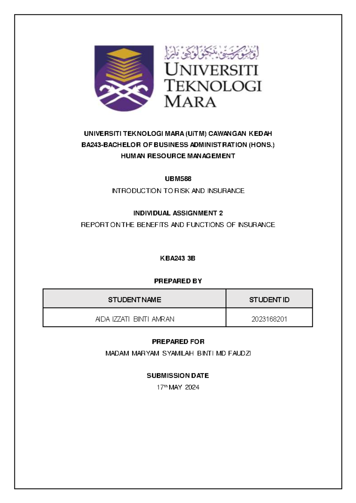UBM588 Individual Assignment 2 (AIDA Izzati 2023168201) - UNIVERSITI ...