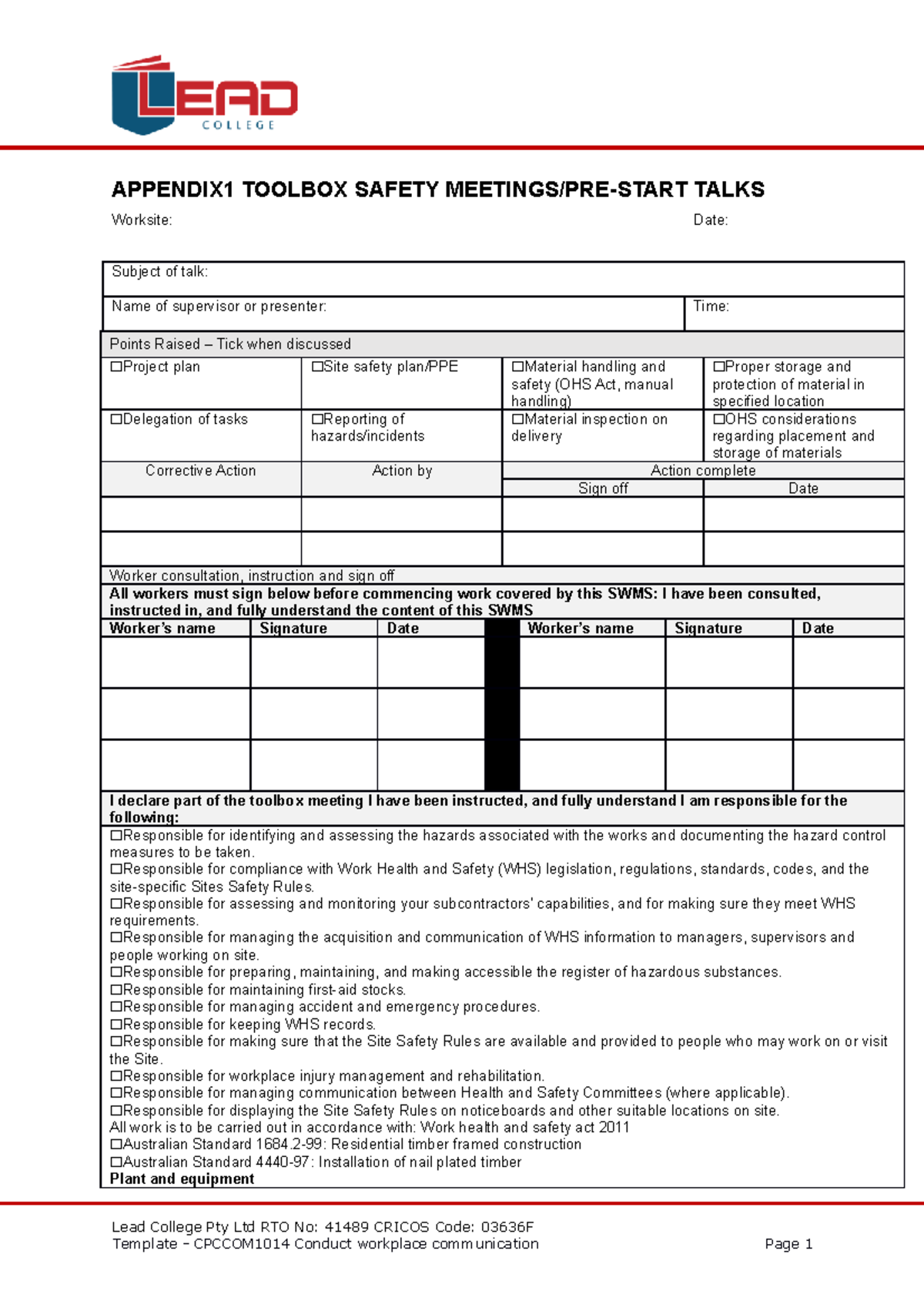 Appendix 1 Template - esgts - Worksite: Date: Subject of talk: Name of ...