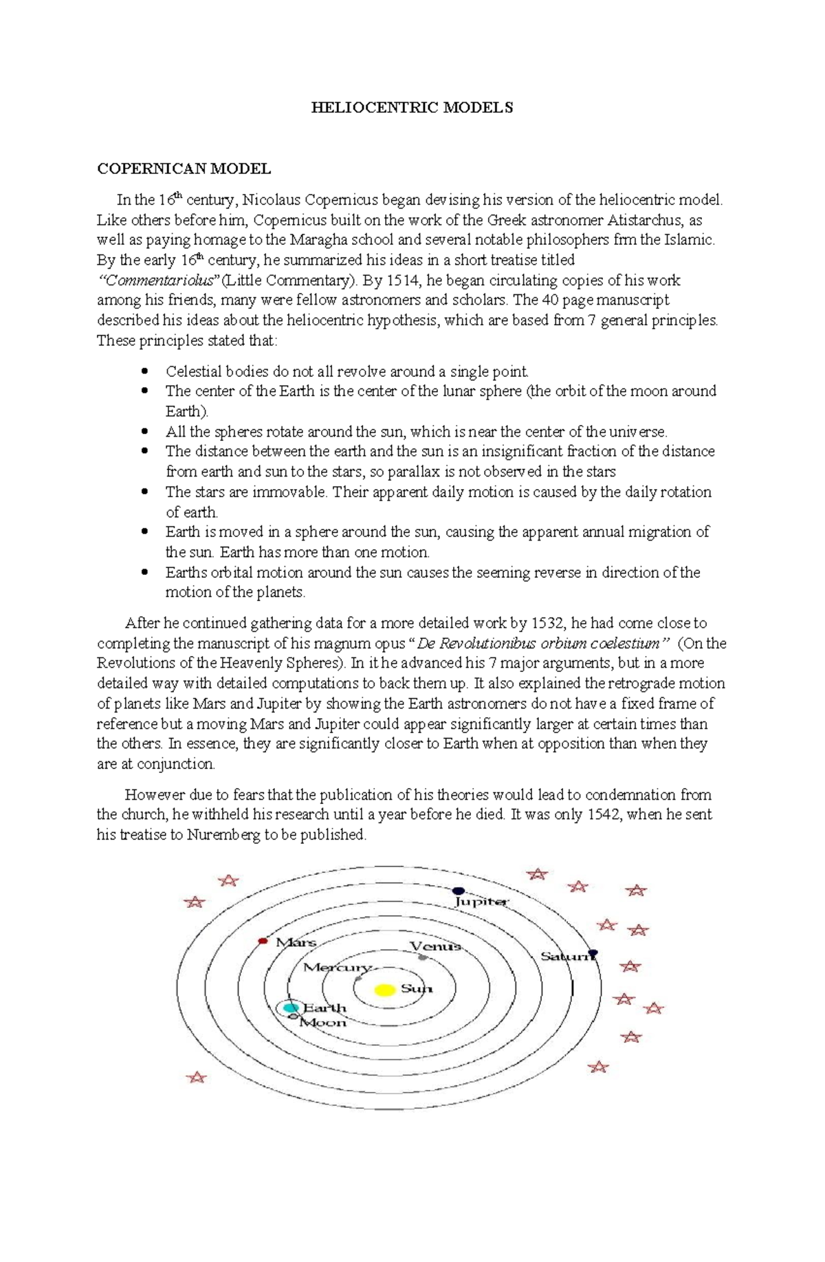 Heliocentric - Physical Science. - HELIOCENTRIC MODELS COPERNICAN MODEL ...