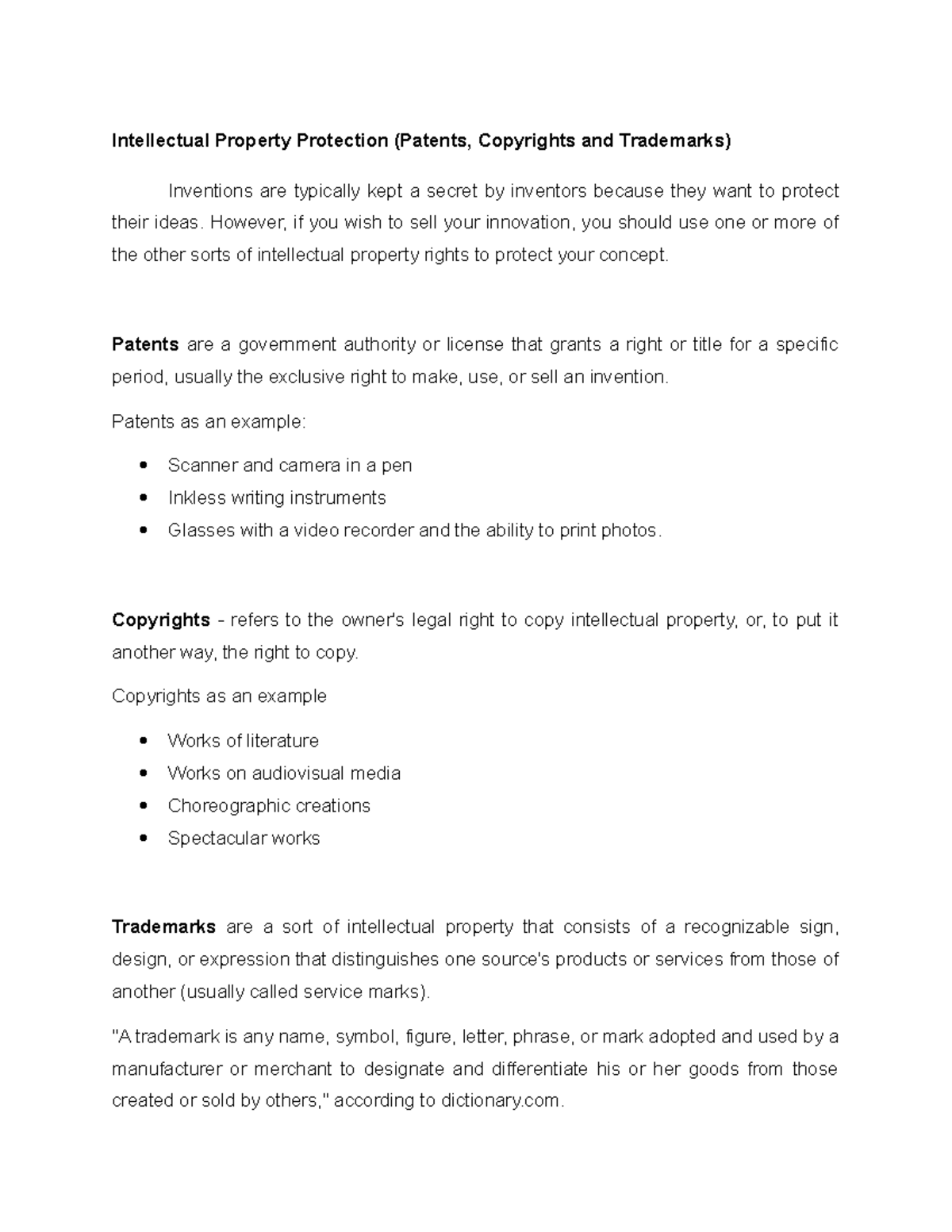 Intellectual Property Protection (Patents, Copyrights and Trademarks ...