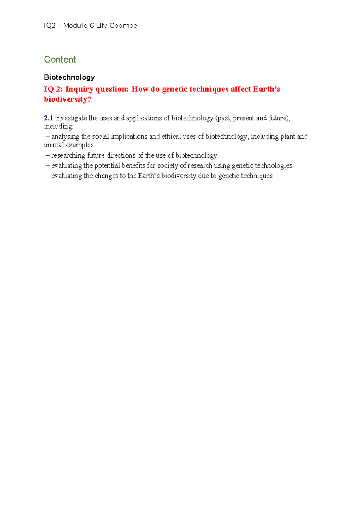 IQ2 Module 6 - Exploring Biotechnology and Its Impact on Biodiversity ...