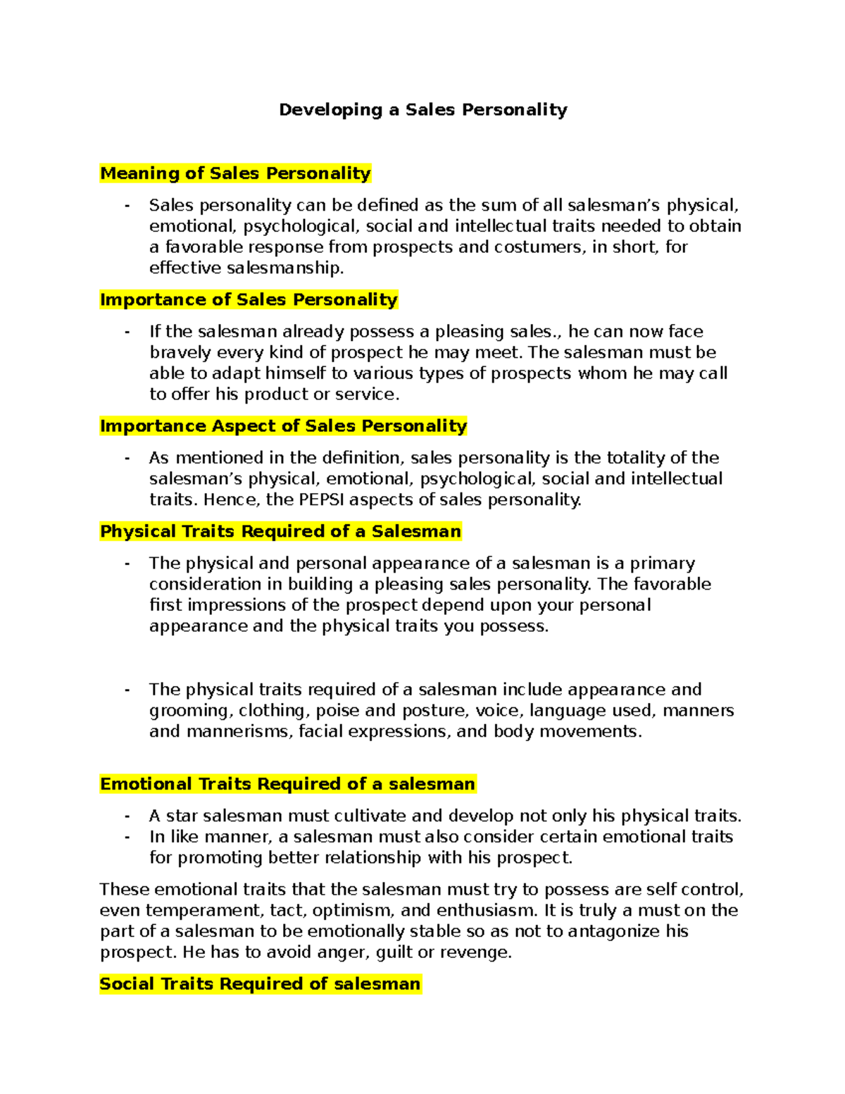 Lesson 2 Developing a Sales Personality - Developing a Sales ...