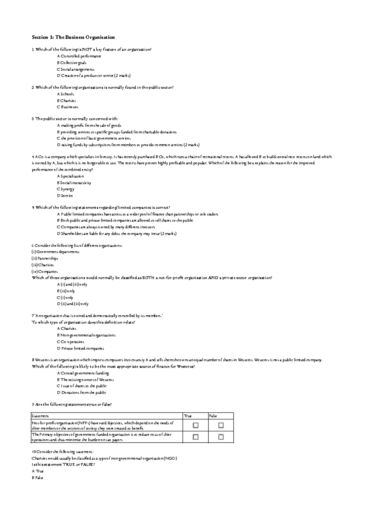 F1 Kaplan - F1 exam kit - Section 1: The Business Organisation 1 Which ...