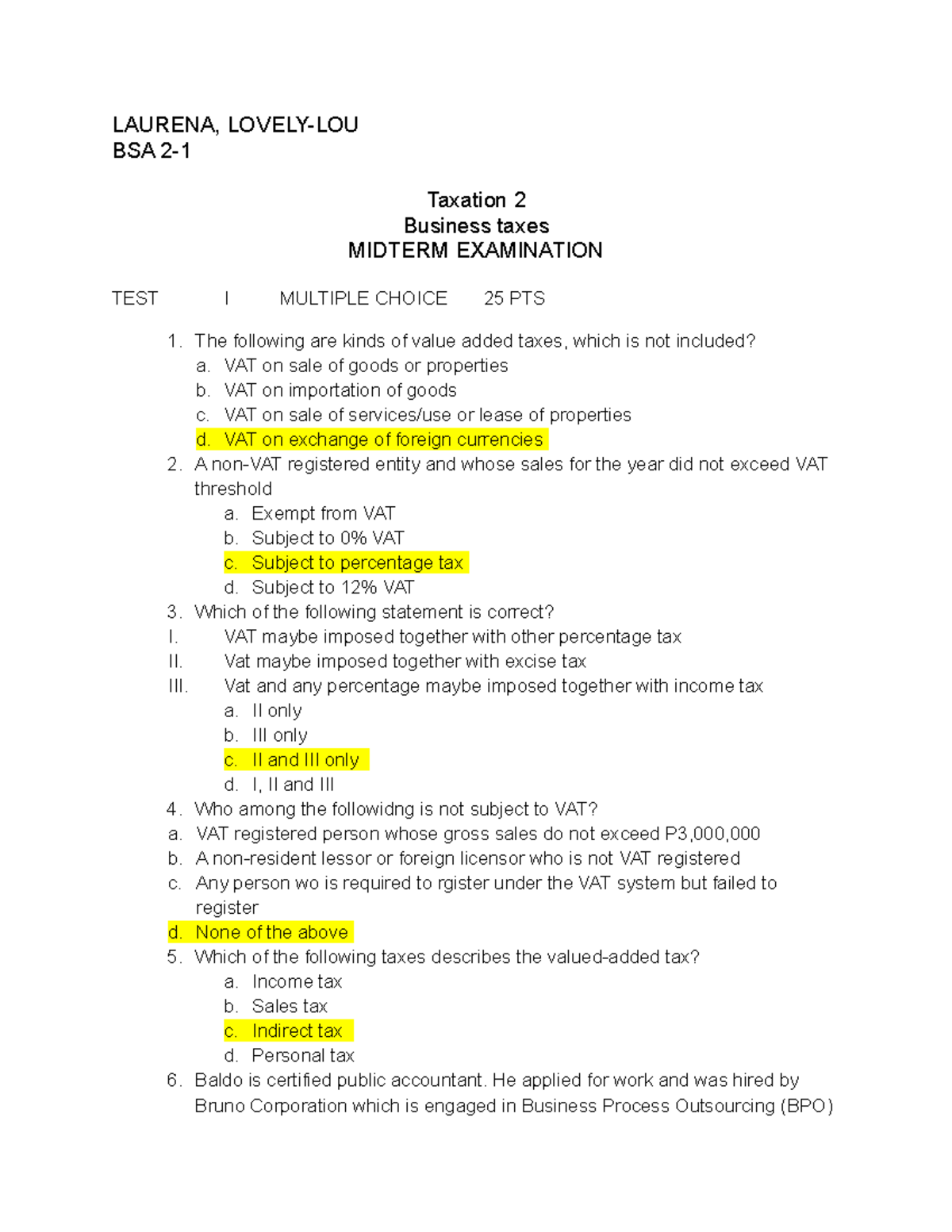 Business Taxation - EXAM - LAURENA, LOVELY-LOU BSA 2- Taxation 2 ...