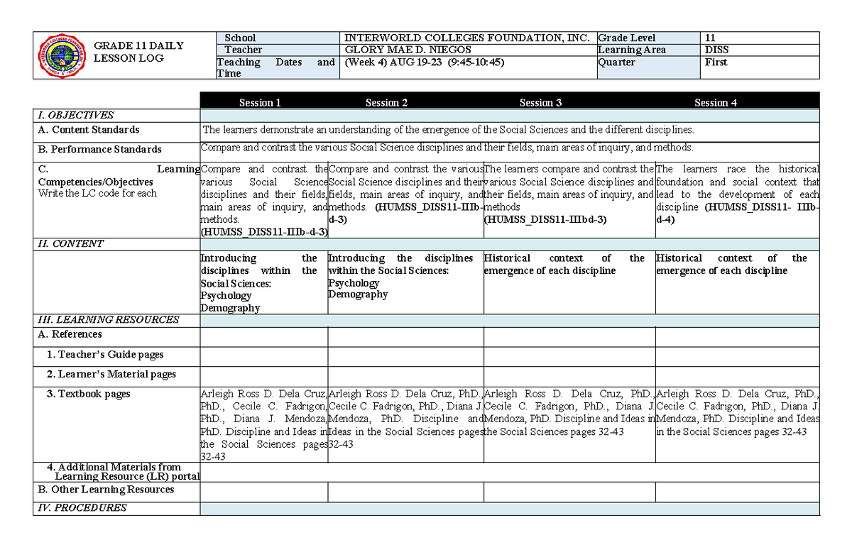 DISS DLL WEEK 4 - DISS DLL WEEK 4 - GRADE 11 DAILY LESSON LOG School ...