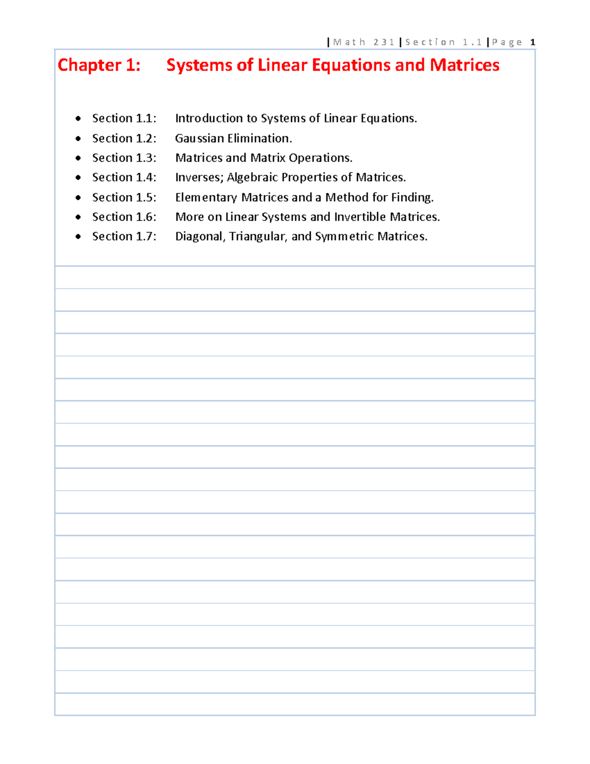 Math 231 Section 1 - Chapter 1: Systems of Linear Equations and ...