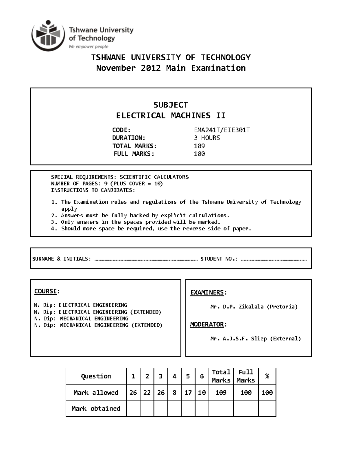 Exam 10 November 2012, questions - TSHWANE UNIVERSITY OF TECHNOLOGY ...