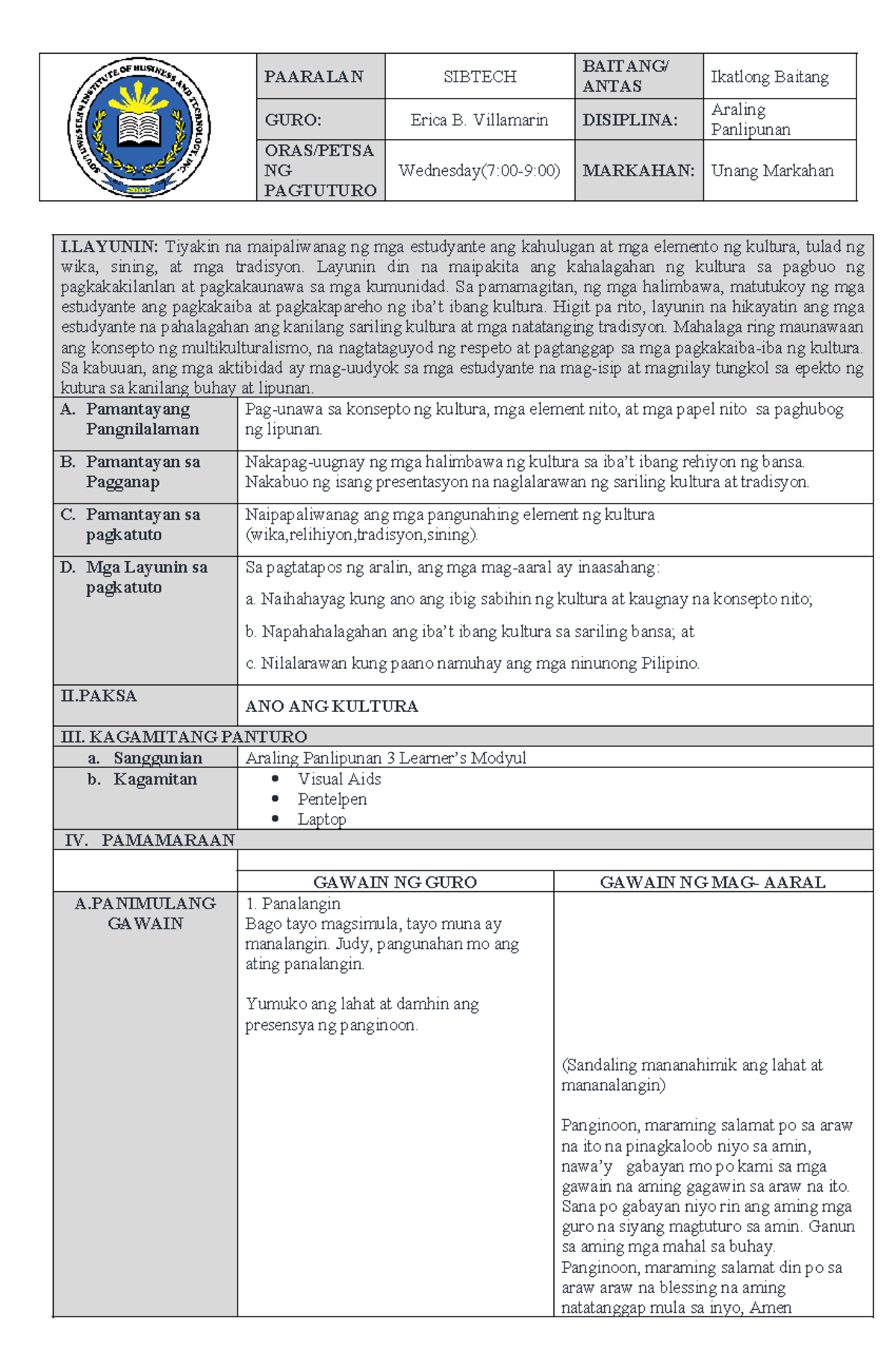 Lesson Plan (AP) - PAARALAN SIBTECH BAITANG/ ANTAS Ikatlong Baitang ...