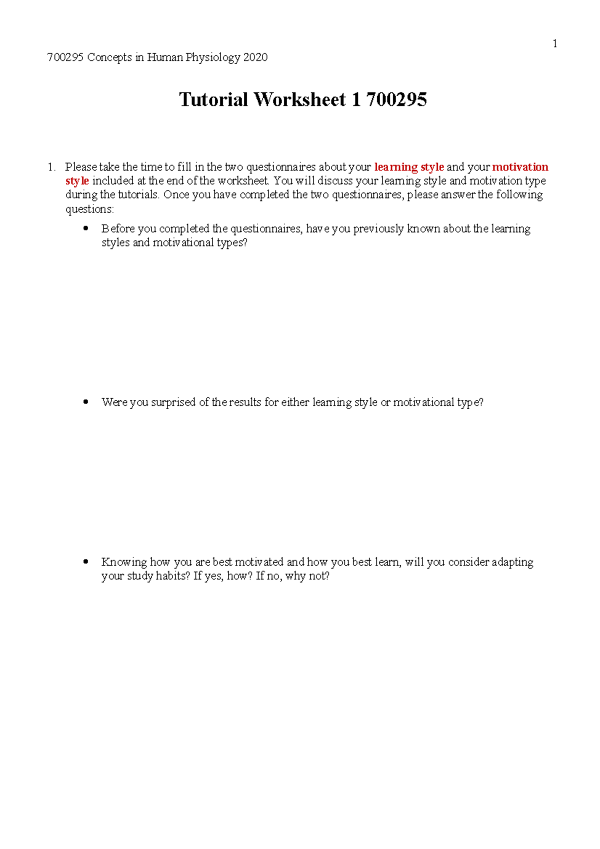 700295 Tutorial worksheet 1 2020 - 700295 Concepts in Human Physiology ...