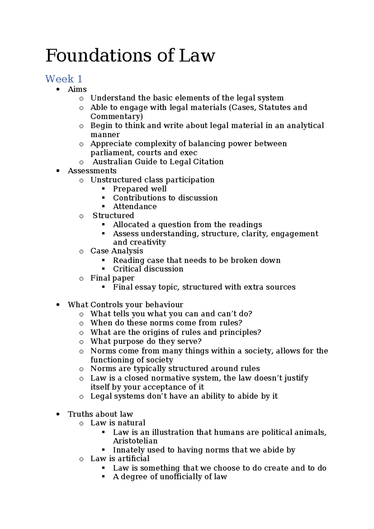 LAWS1006 Notes Lecture/readings - Foundations of Law Week 1 Aims o ...
