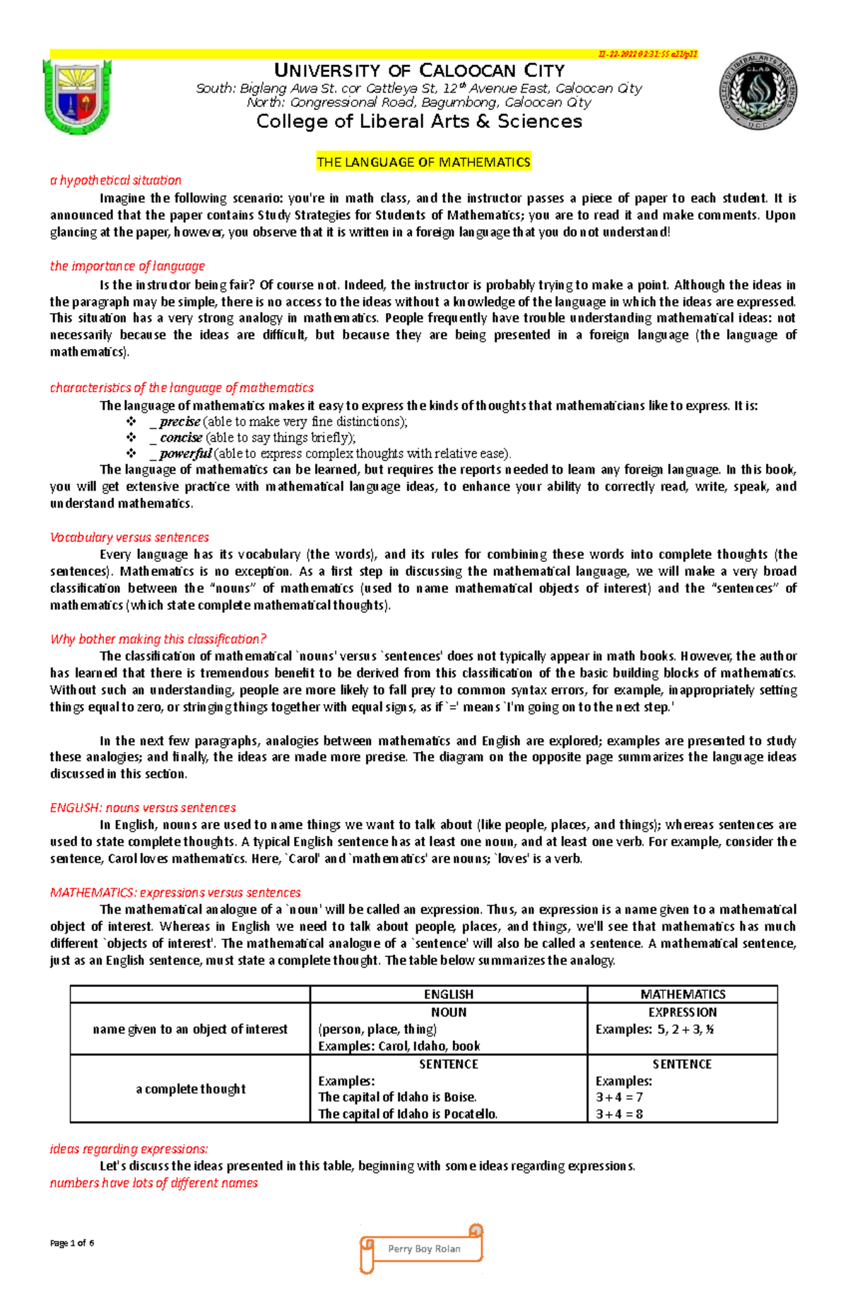 3 Language of Mathematics - UNIVERSITY OF CALOOCAN CITY South: Biglang ...