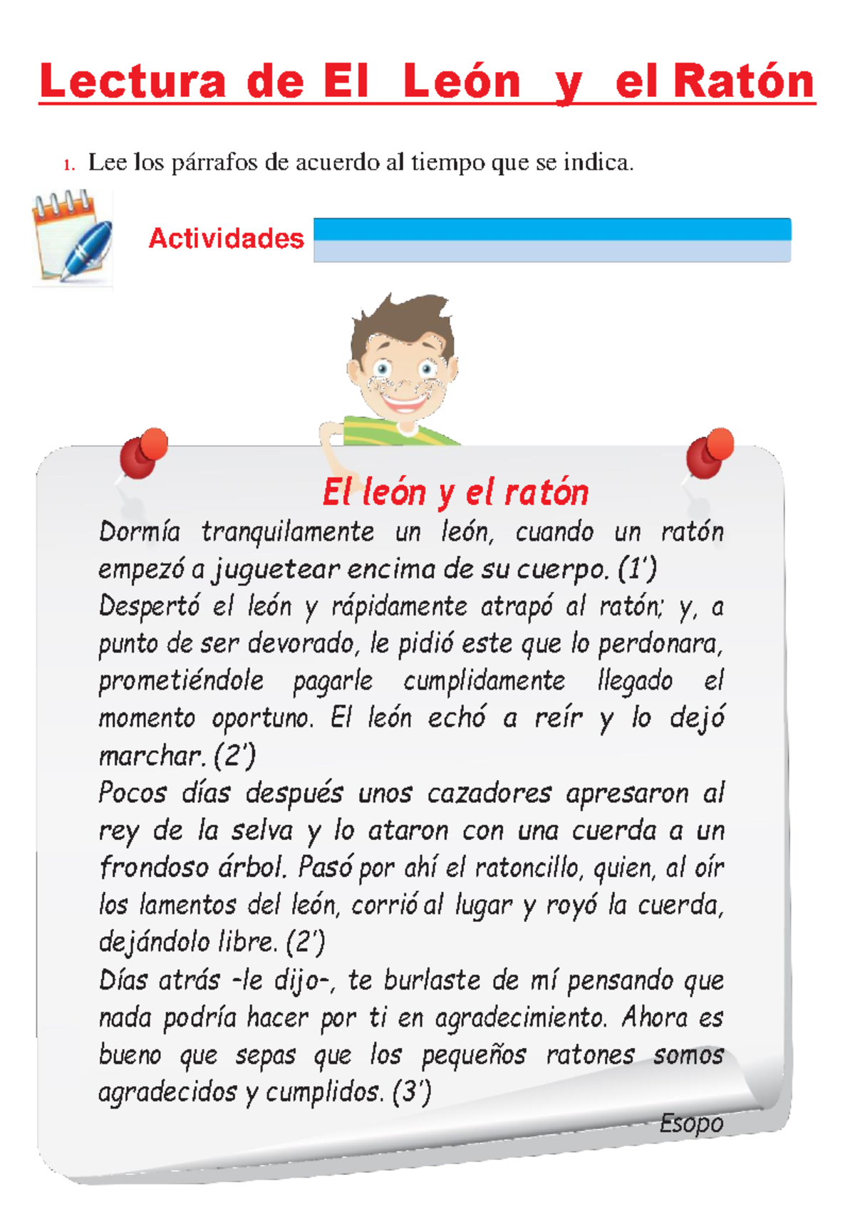 Lectura de El León y el Ratón - Lee los párrafos de acuerdo al tiempo ...