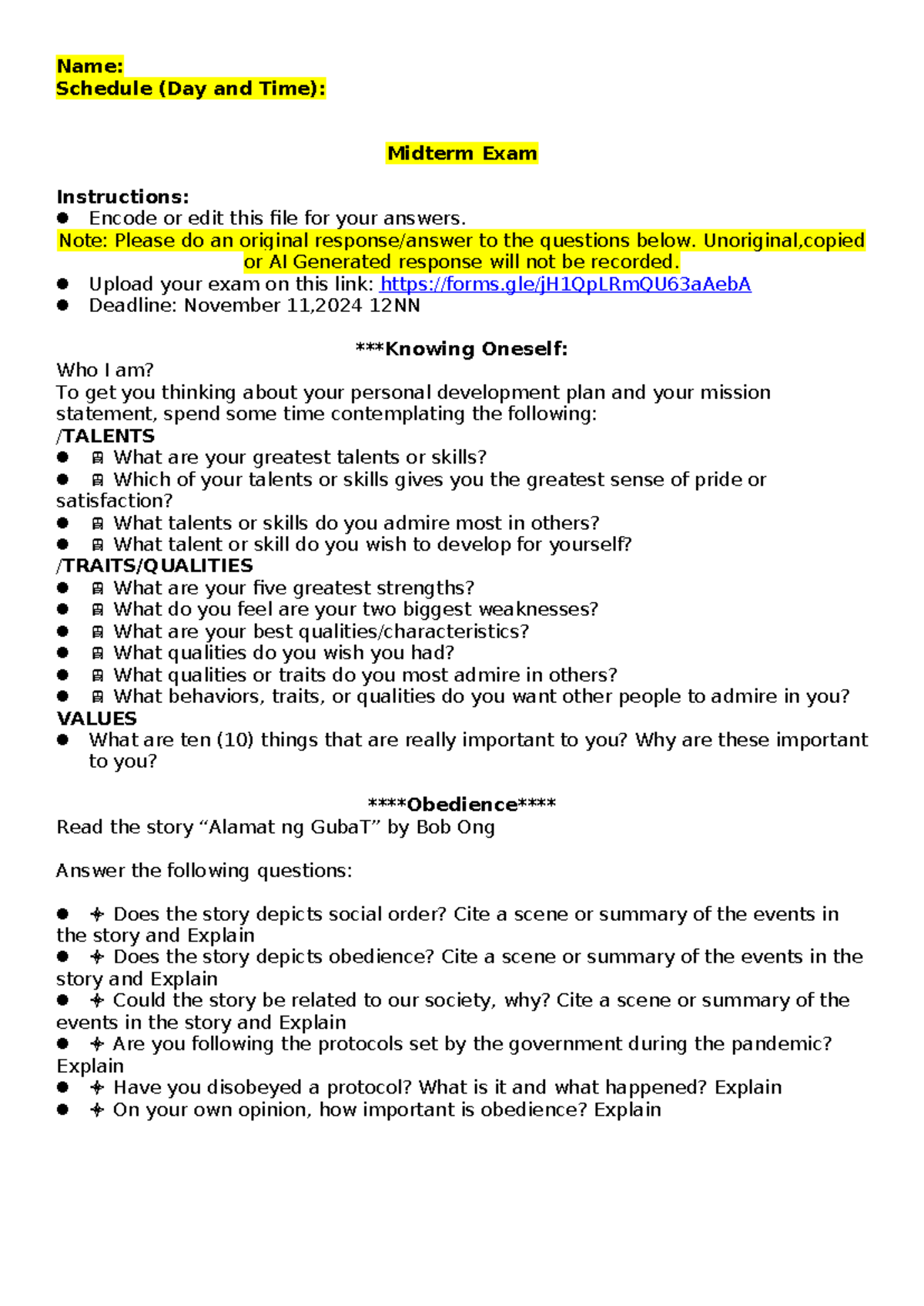 Midterm monday 2024GMRC - Name: Schedule (Day and Time): Midterm Exam ...