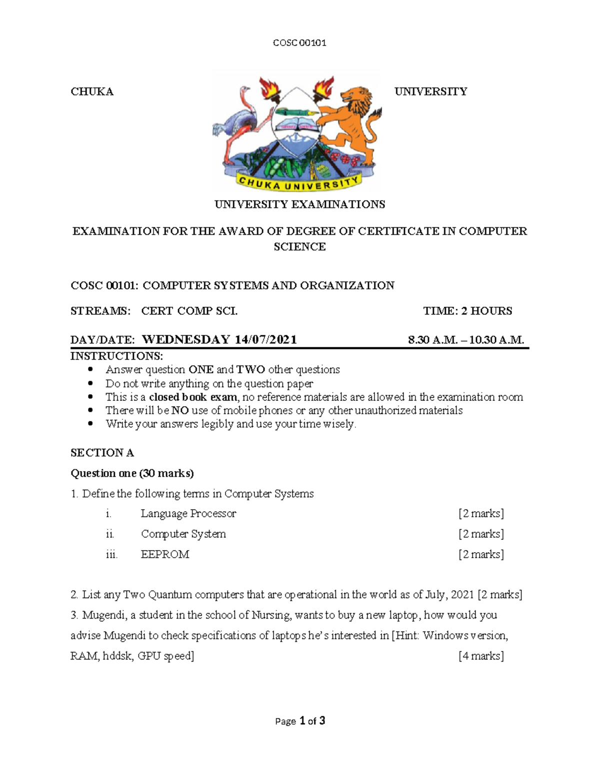 COSC 00101 - Computer science exams - COSC 00101 CHUKA UNIVERSITY ...