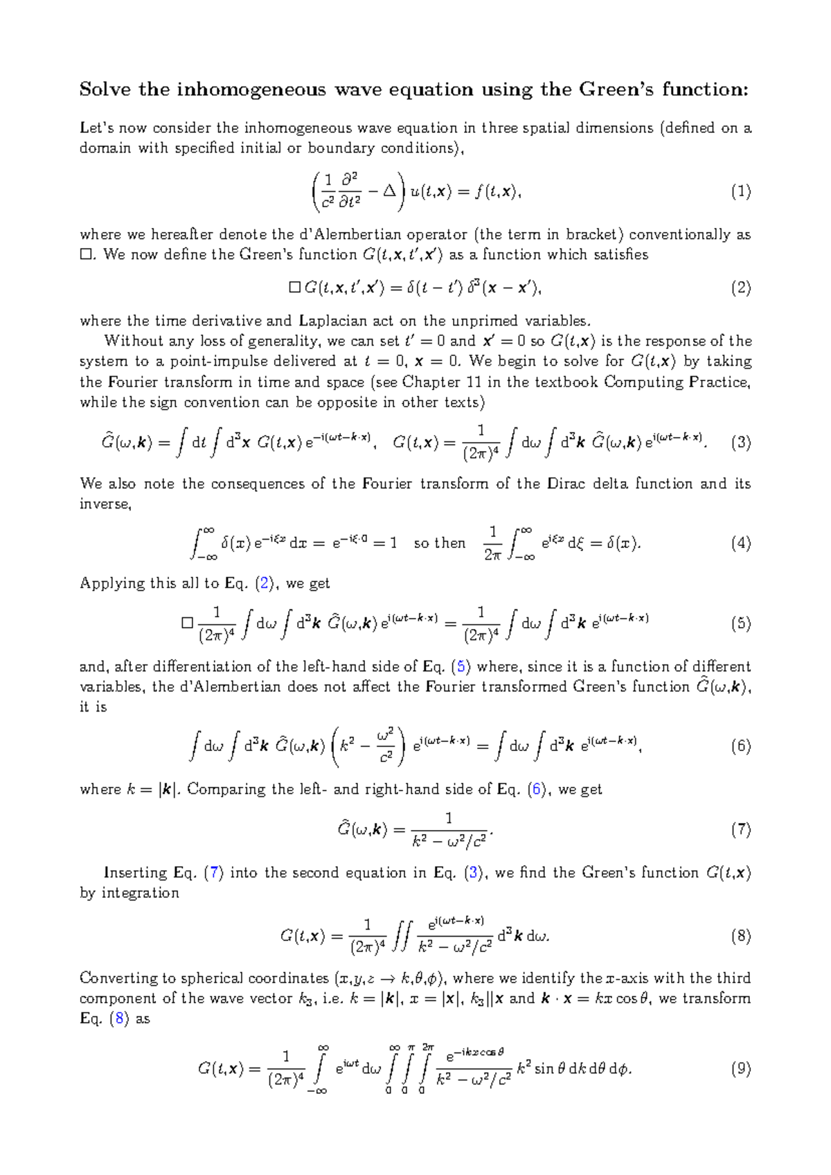 Green's function - jb hjhjjj - Solve the inhomogeneous wave equation using the Green’s function ...