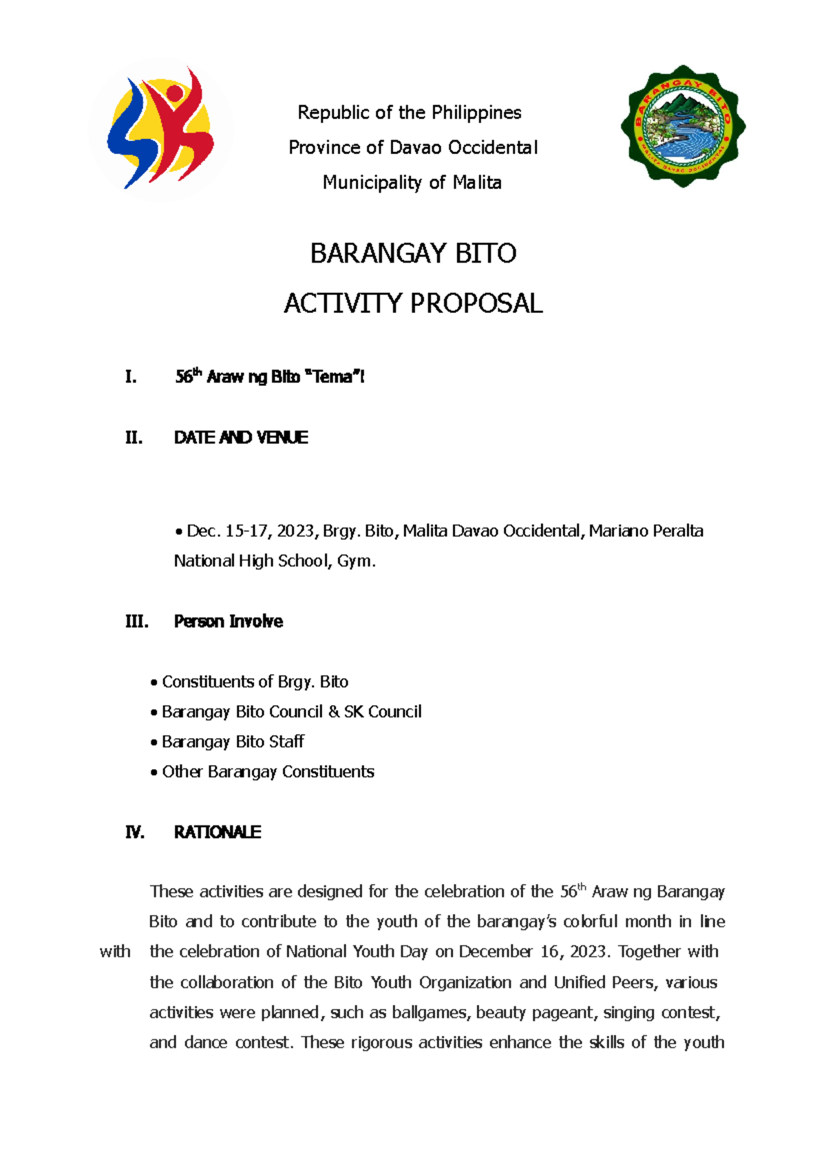 Activity Design 56 araw ng bito - Republic of the Philippines Province ...