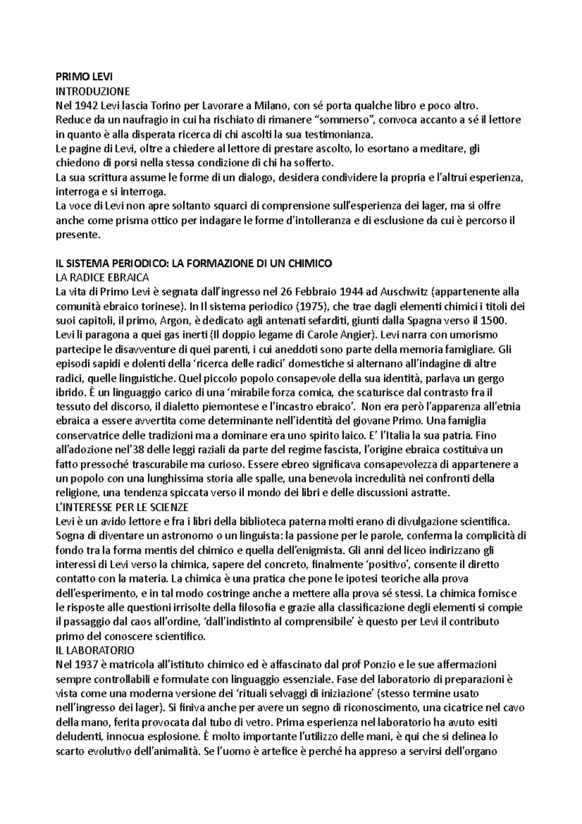 Libro LEVI Completo - Riassunto Primo Levi. Profili di storia ...