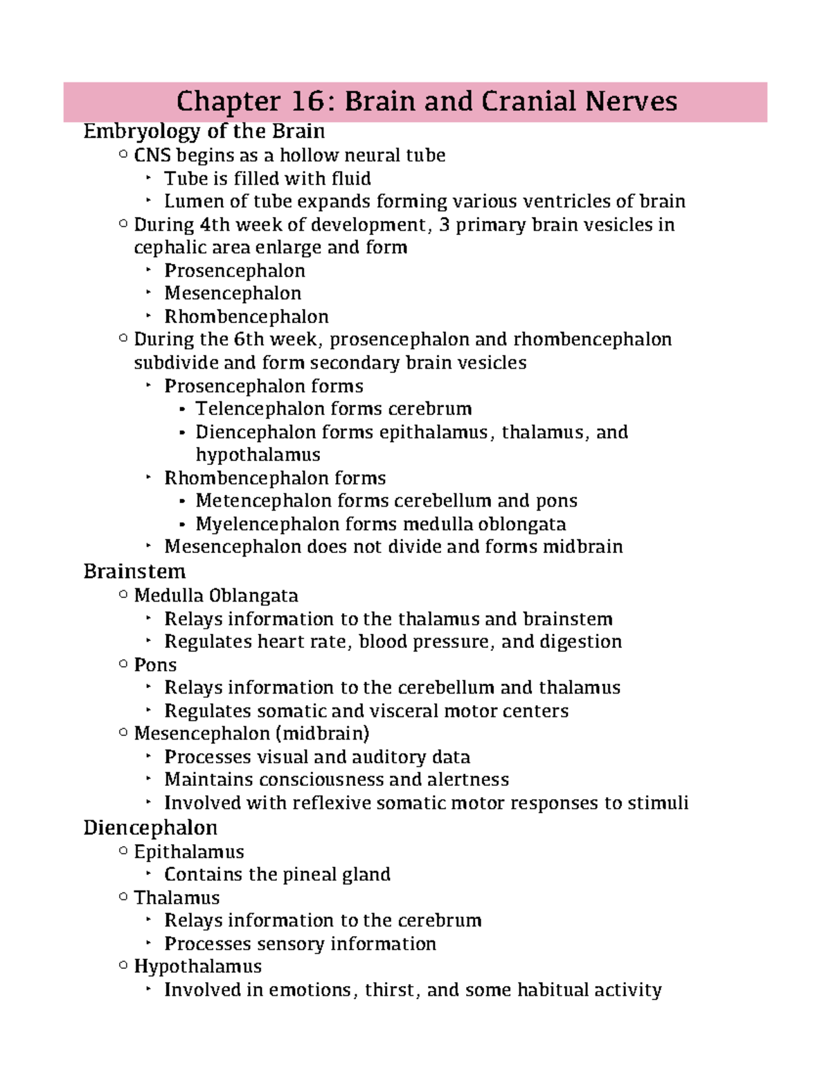 Chapter 16 Notes - Chapter 16: Brain and Cranial Nerves Embryology of ...
