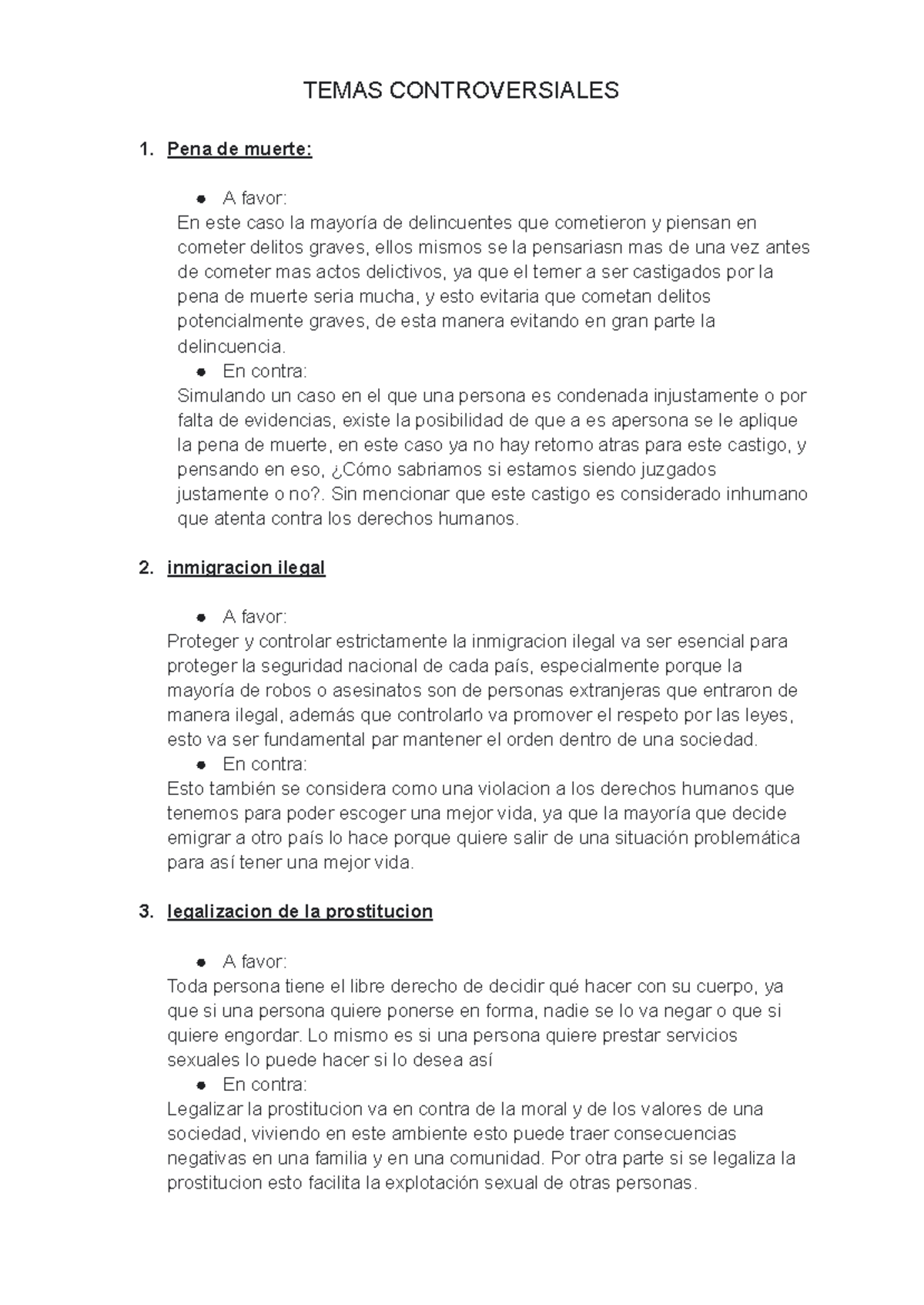 Temas Controversiales - TEMAS CONTROVERSIALES 1. Pena de muerte: A ...