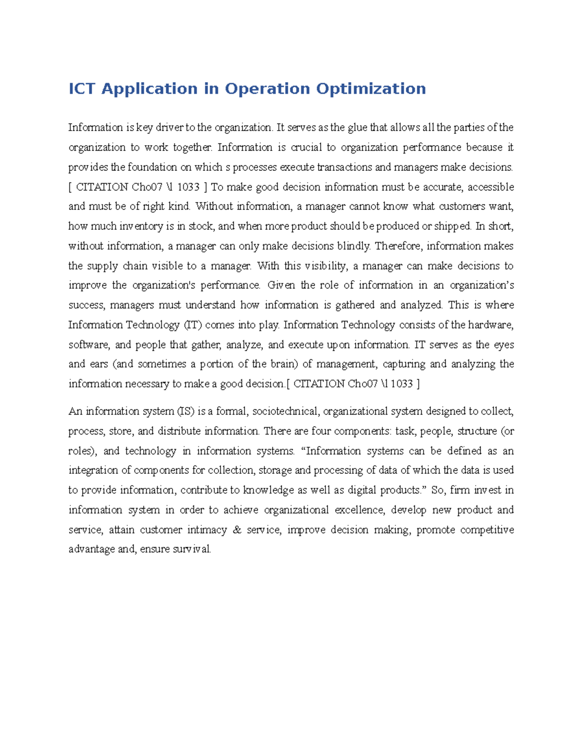 Information is key driver to the organization - ICT Application in Operation Optimization - Studocu