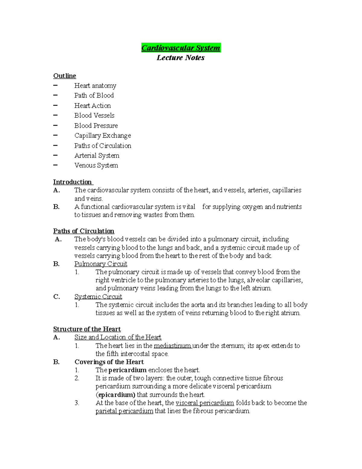 Cardiovascular Systemclass Notes - Cardiovascular System Lecture Notes ...