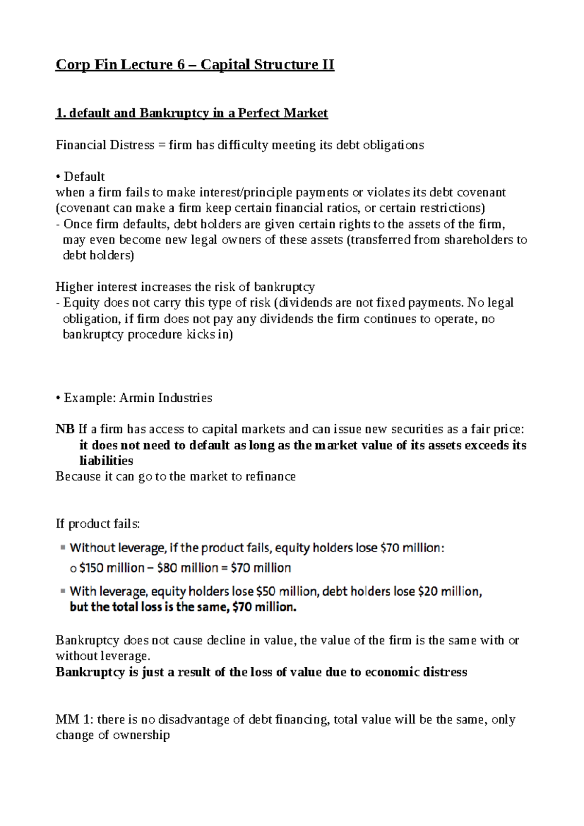 Corp Fin Lecture 6 - Capital Structure II - default and Bankruptcy in a ...