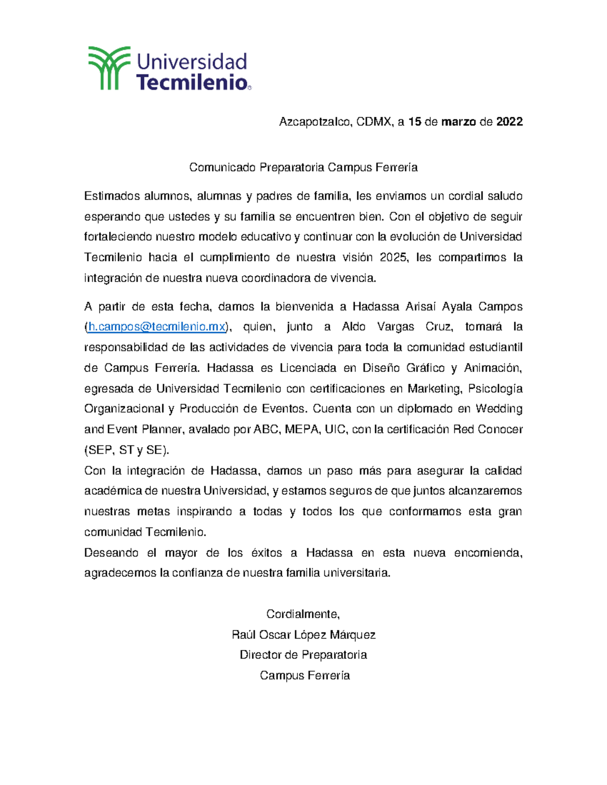 Comunicado VIVE 03-22 - Para usar en contra de Tecmilenio Ferreria - Azcapotzalco, CDMX, a 15 de ...