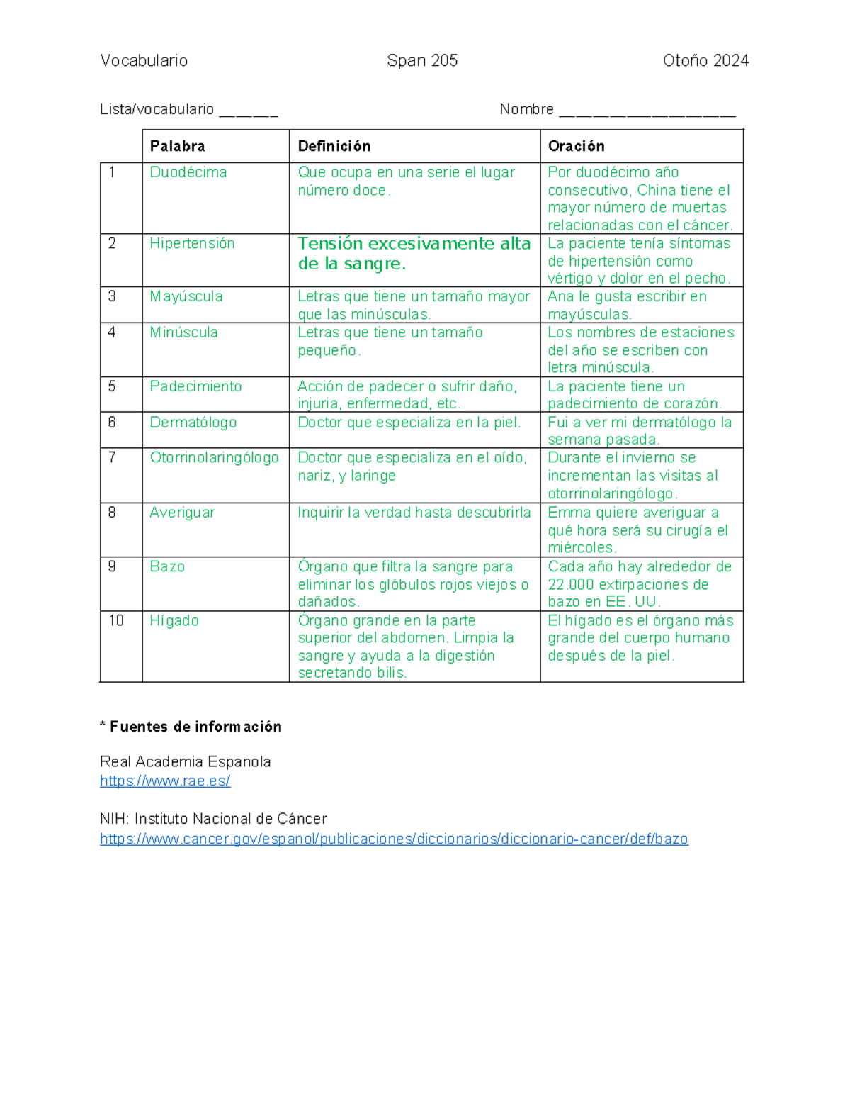 Lista de vocabulario 1 - vocabulary list #1 - Vocabulario Span 205 ...